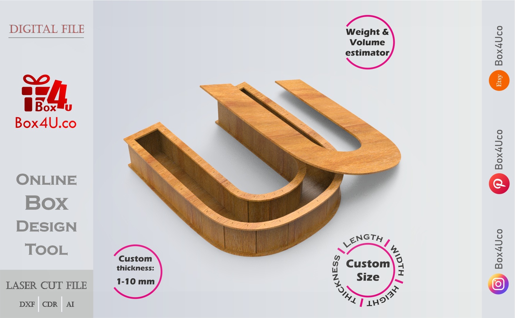 Design and Make a Letter U Box Online | Download DXF Cut File