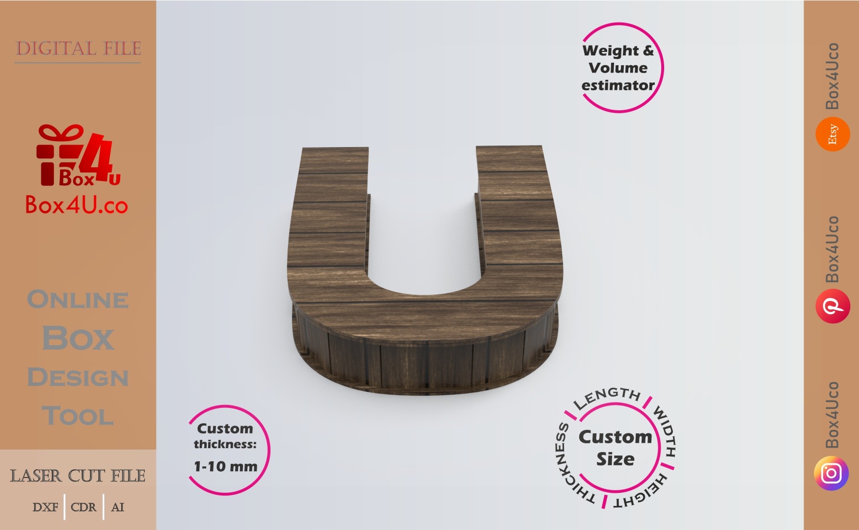 Design and Make a Letter U Box Online | Download DXF Cut File