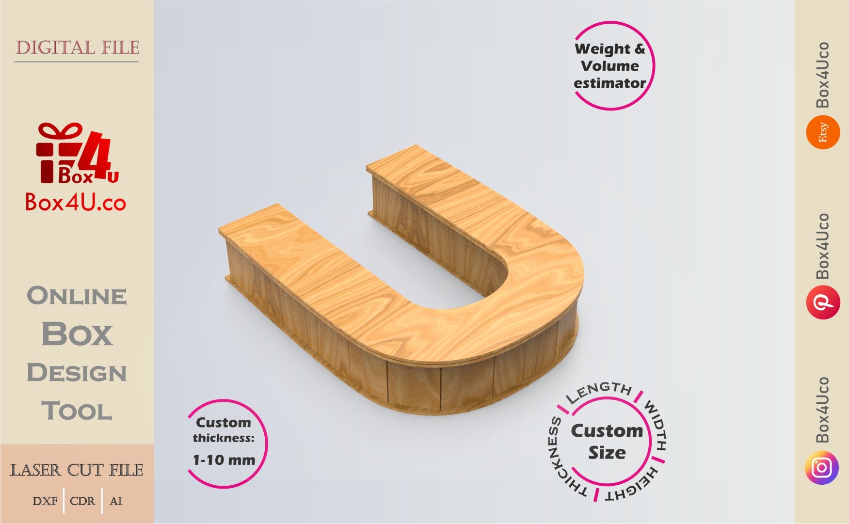 Design and Make a Letter U Box Online | Download DXF Cut File